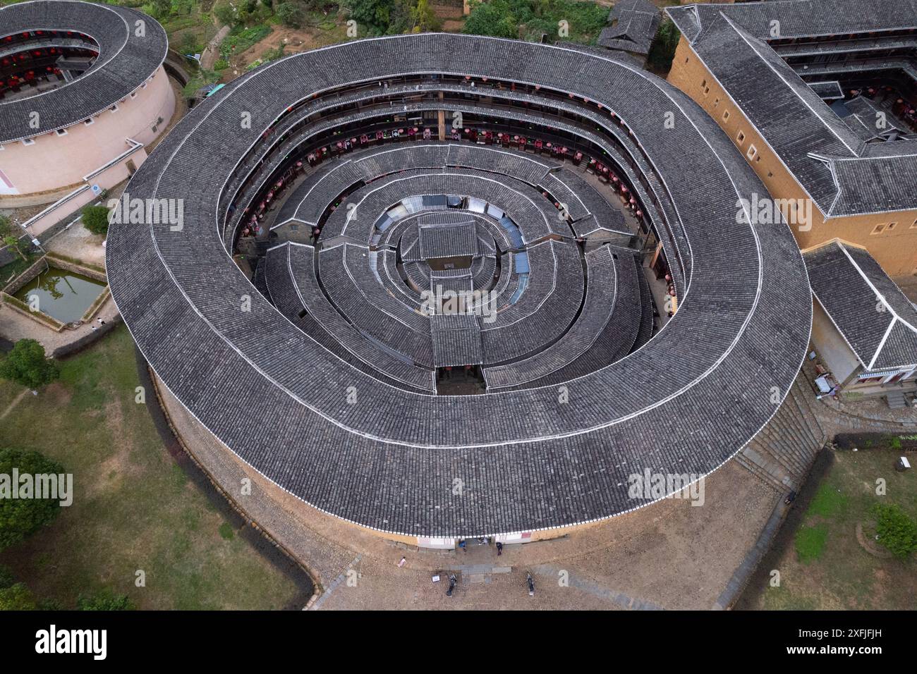 Aerial view of the Fujian Tulou, traditional communal living structures ...