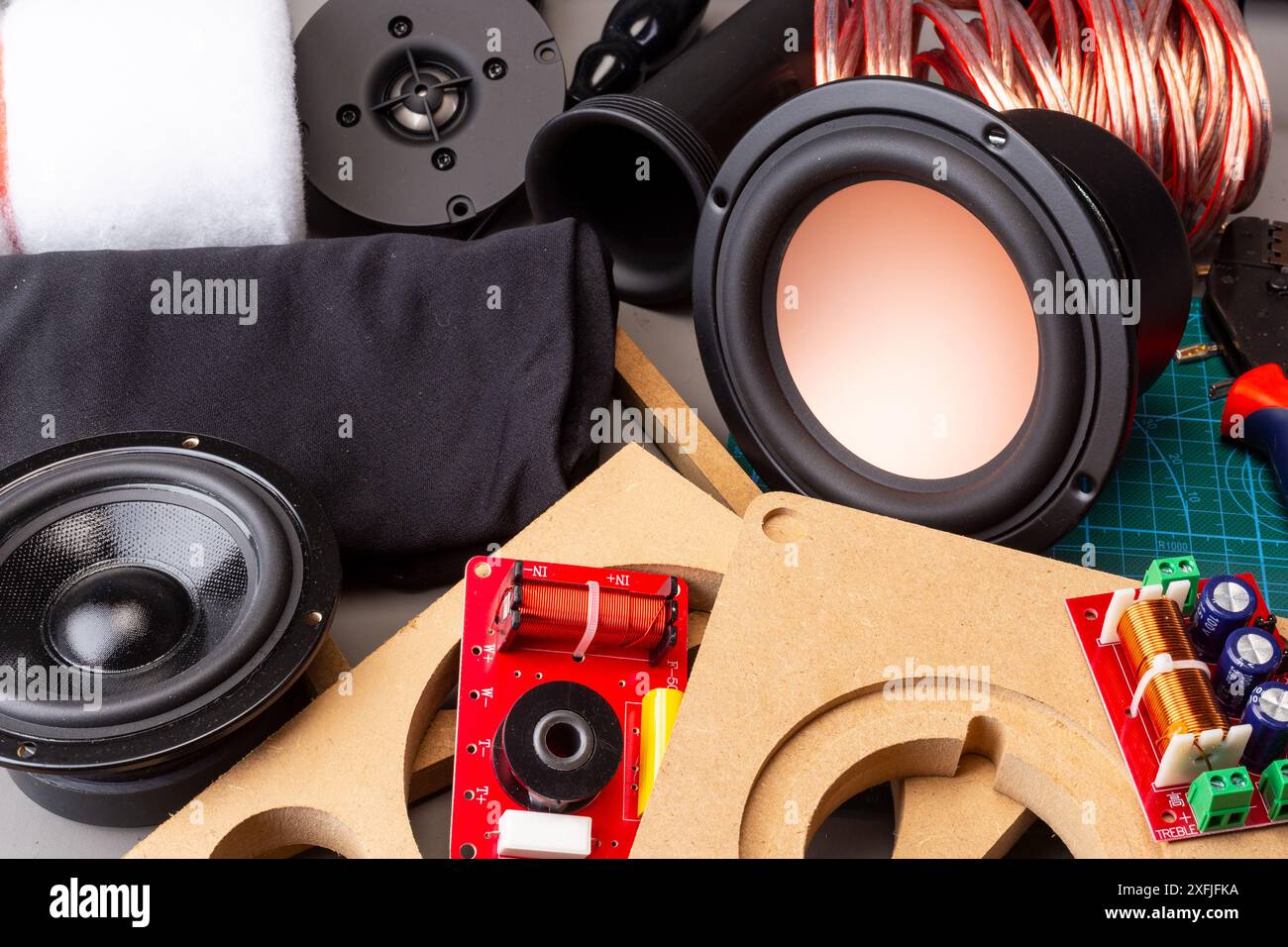 DIY audio speaker hifi components tools and materials on work bench in top view. audiophile ...