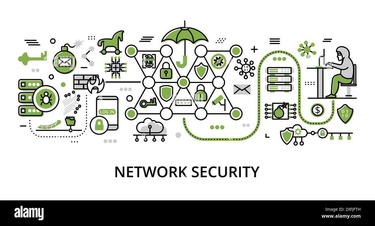 Infographic greenery Network Security concept, modern flat thin line ...