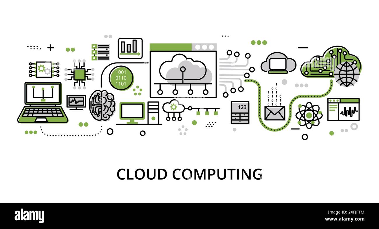 Infographic greenery Cloud Computing concept, modern flat thin line ...