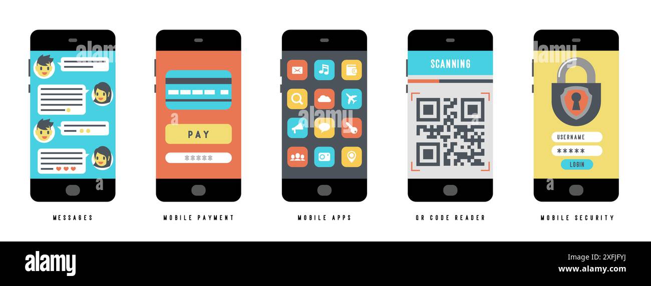 Set of Mobile Apps concepts on black smartphone with different user ...