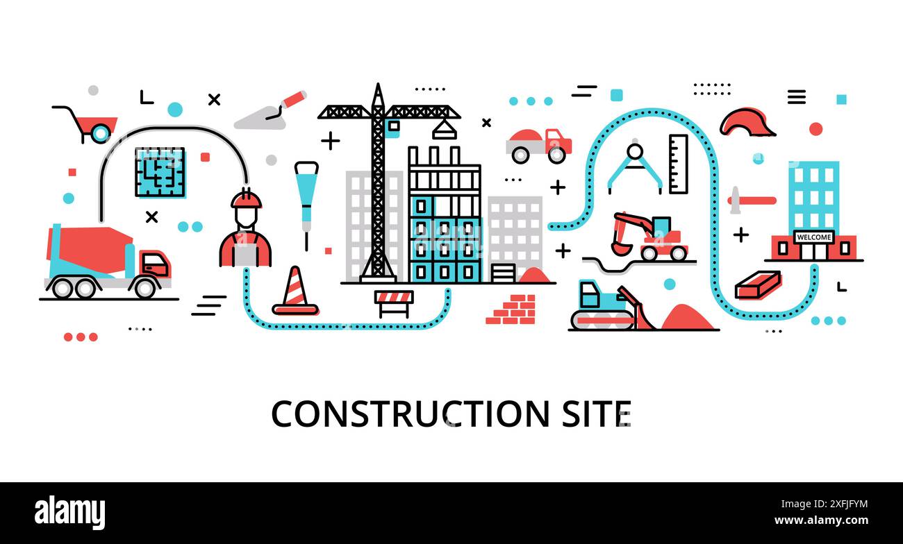 Concept of Construction Site, modern flat editable line design vector illustration, for graphic ...