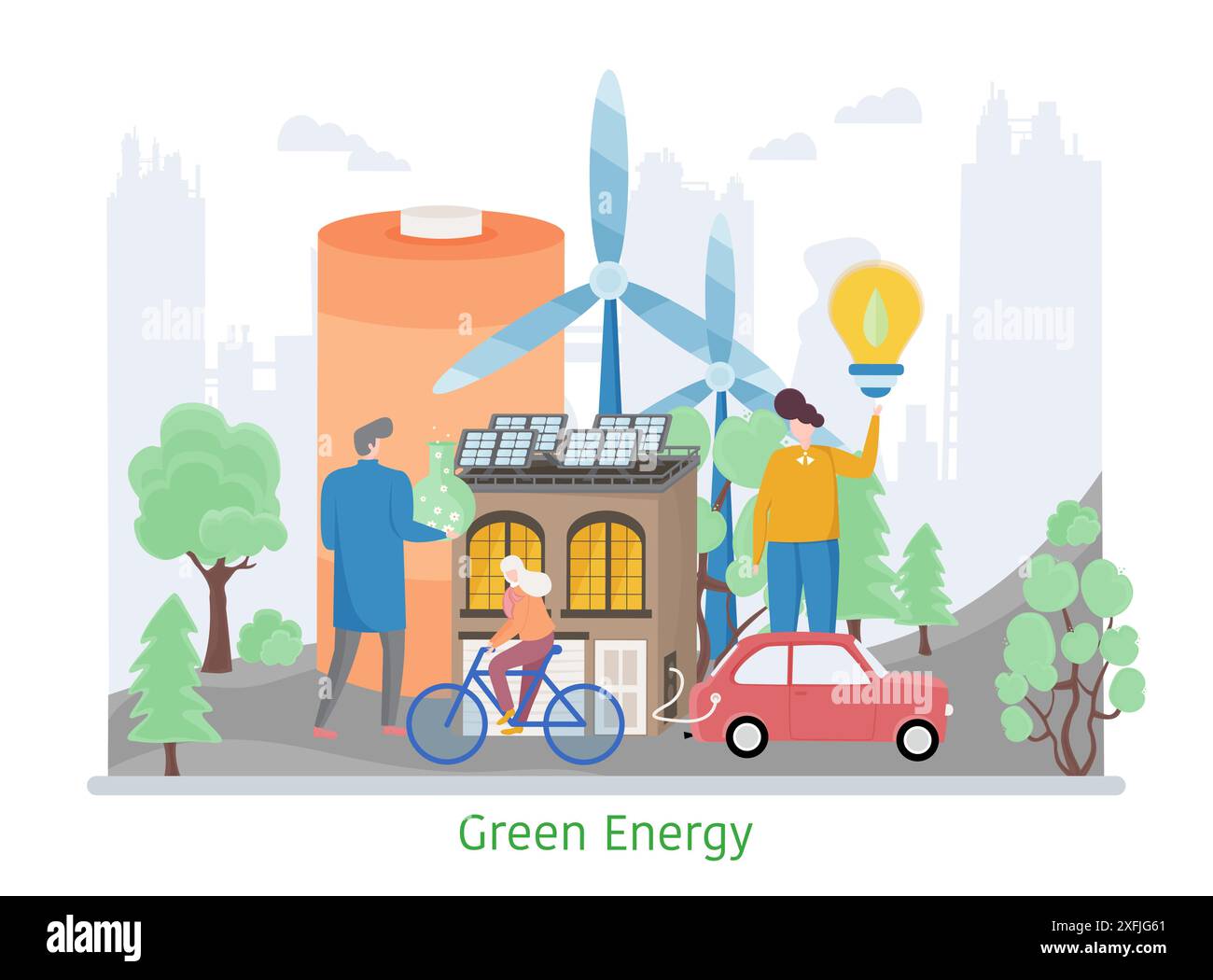 Concept of Green Energy, generation and saving green energy, flat ...