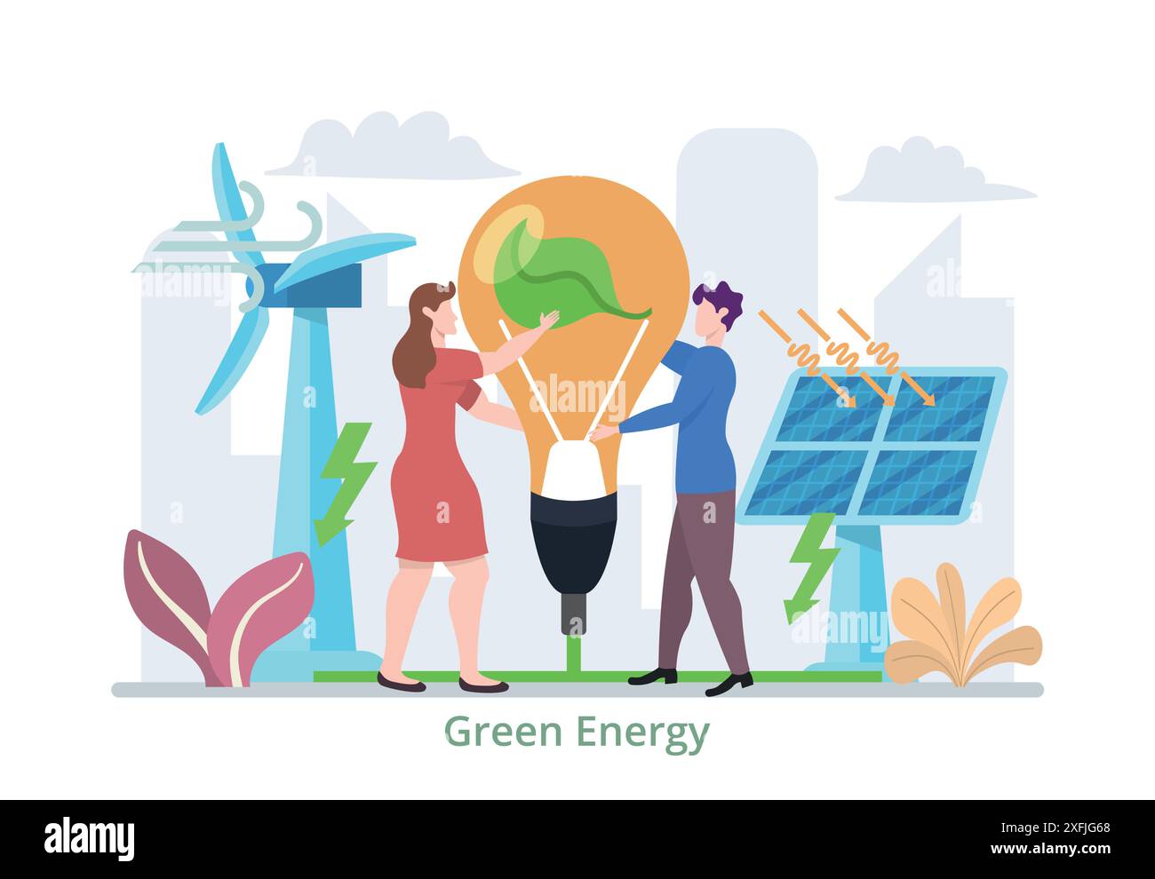 Concept of Green Energy, generation and saving green energy, flat ...