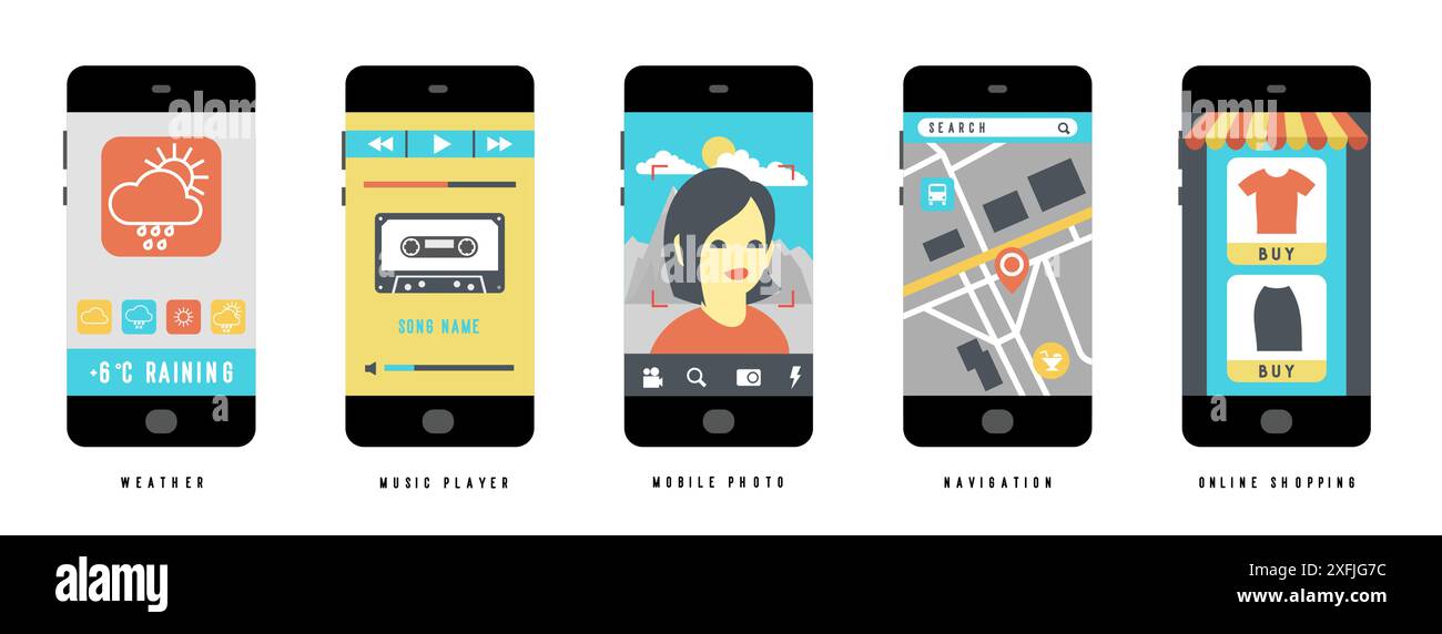 Set of Mobile Apps concepts on black smartphone with different user interface elements, flat ...