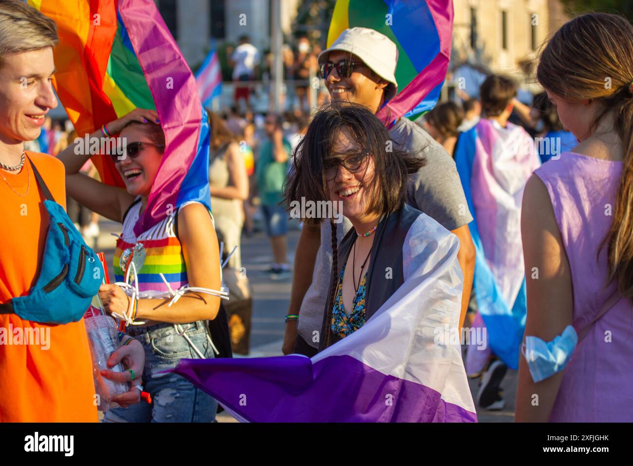 Madrid, Spain. 1 July 2022 A group of young people on a party, music ...
