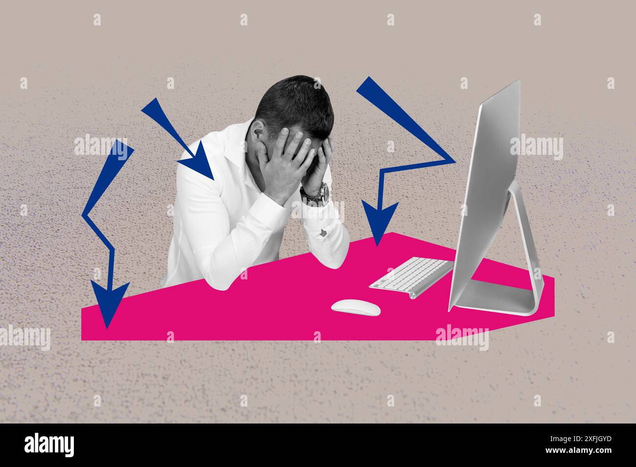 Composite artwork collage image picture of sad guy computer arrow down ...