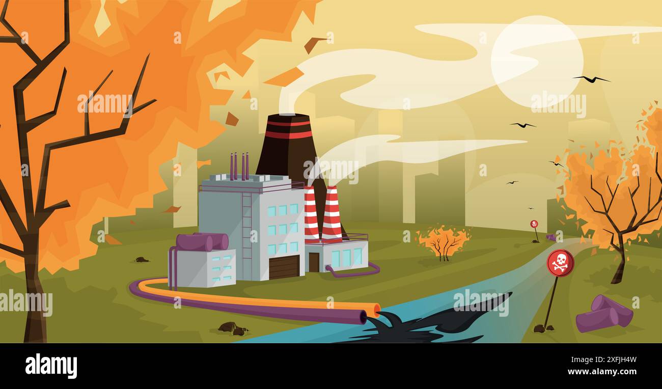 Concept of Ecology Pollution, cartoon flat design vector illustration ...