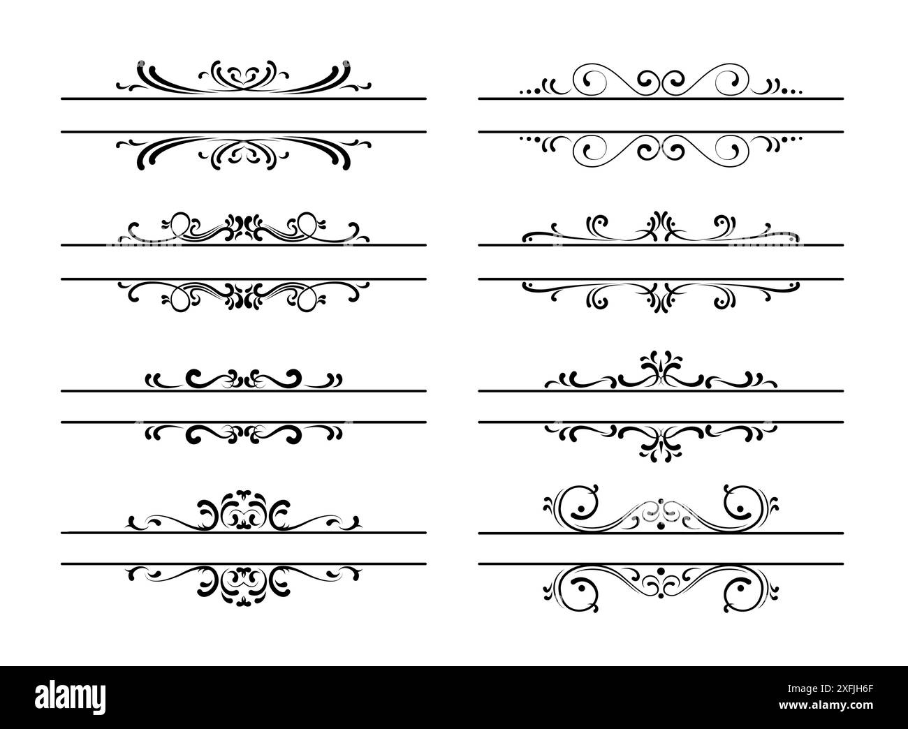 Set of ornamental filigree flourishes and thin dividers on white ...