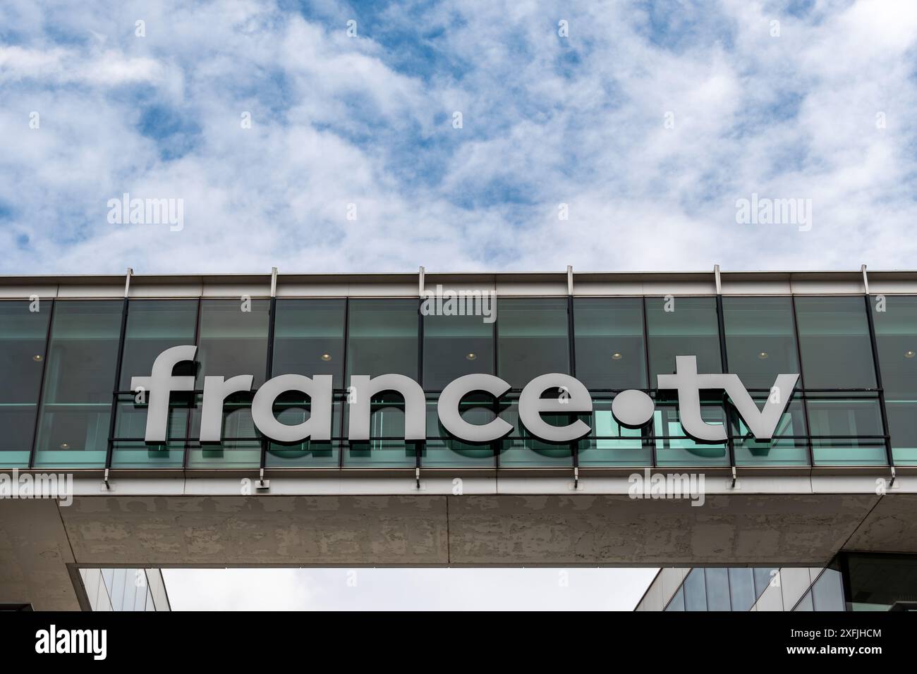 Sign on the facade of the headquarters of France Télévisions, a ...