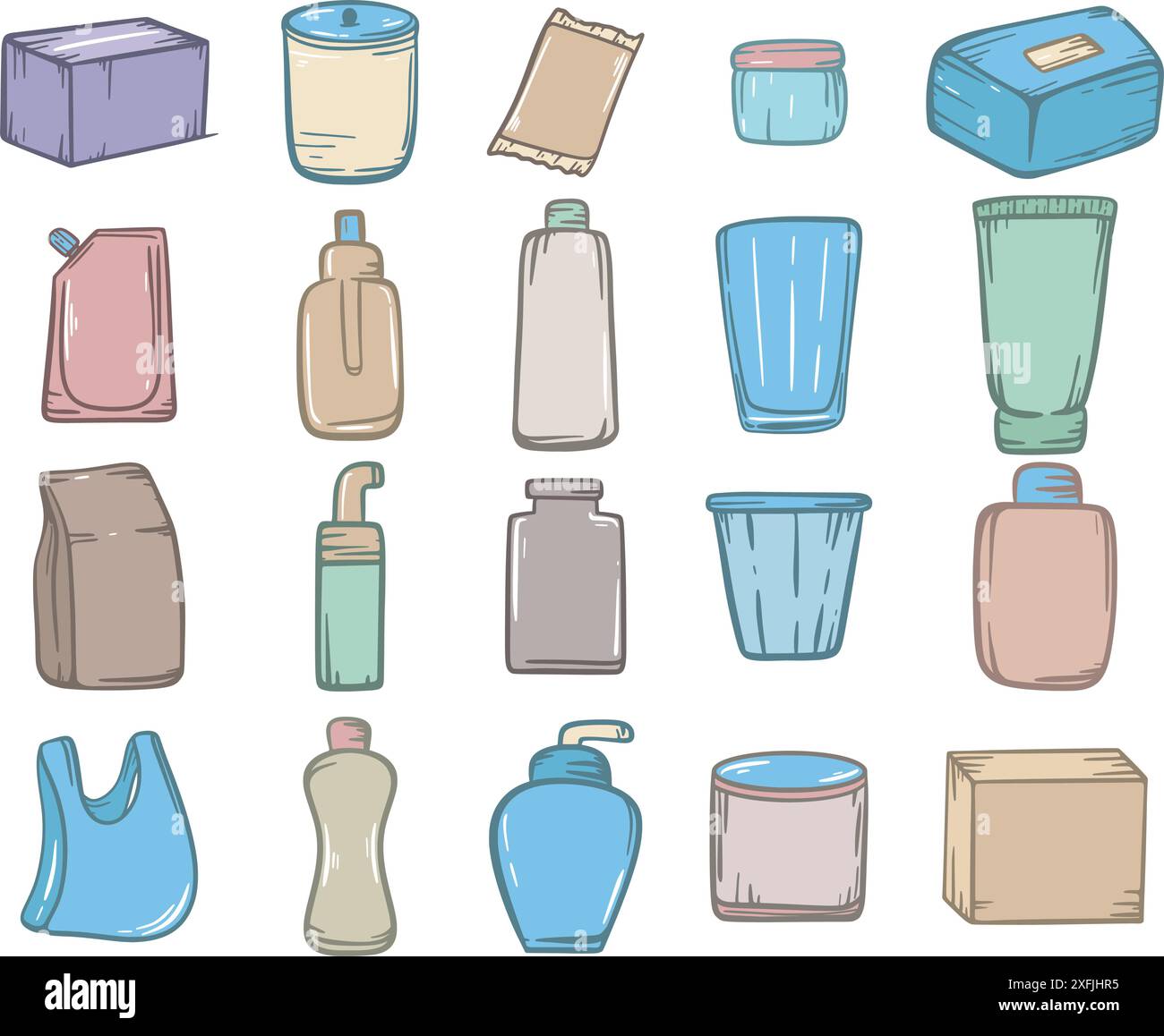 Set of various packaging - bottle, box, jar, bag and others. Hand drawn ...
