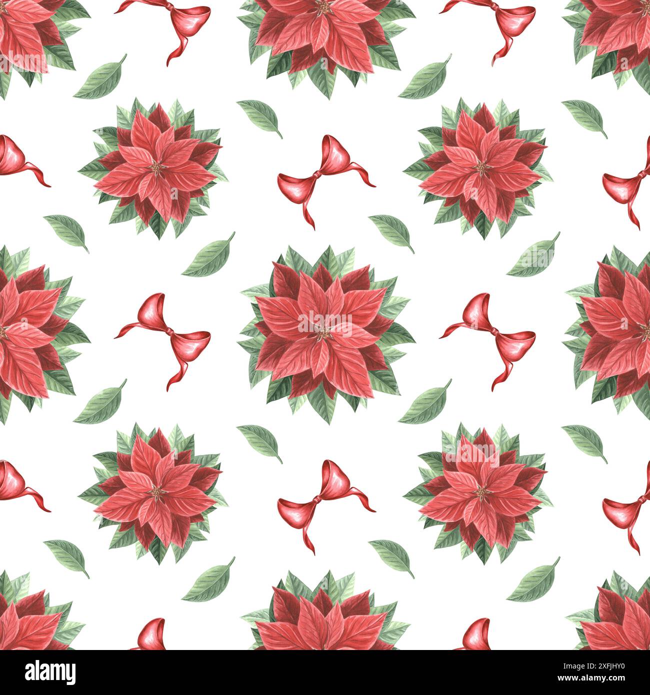 Poinsettia red flowers with leaves and bow. Christmas seamless pattern ...