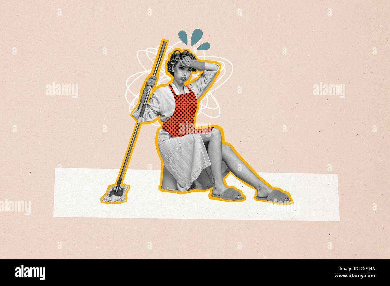 Composite photo collage of tired overworked housekeeper girl sit bucket ...