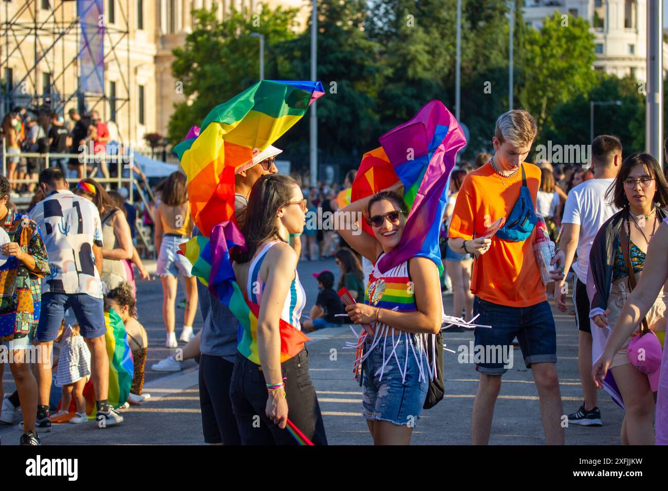 Madrid, Spain. 1 July 2022 A group of young people on a party, music ...