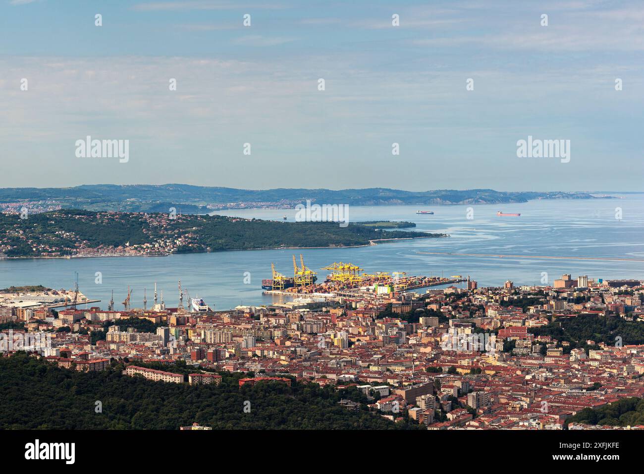 Aerial view of Trieste city and port for ships, large passenger ferries ...