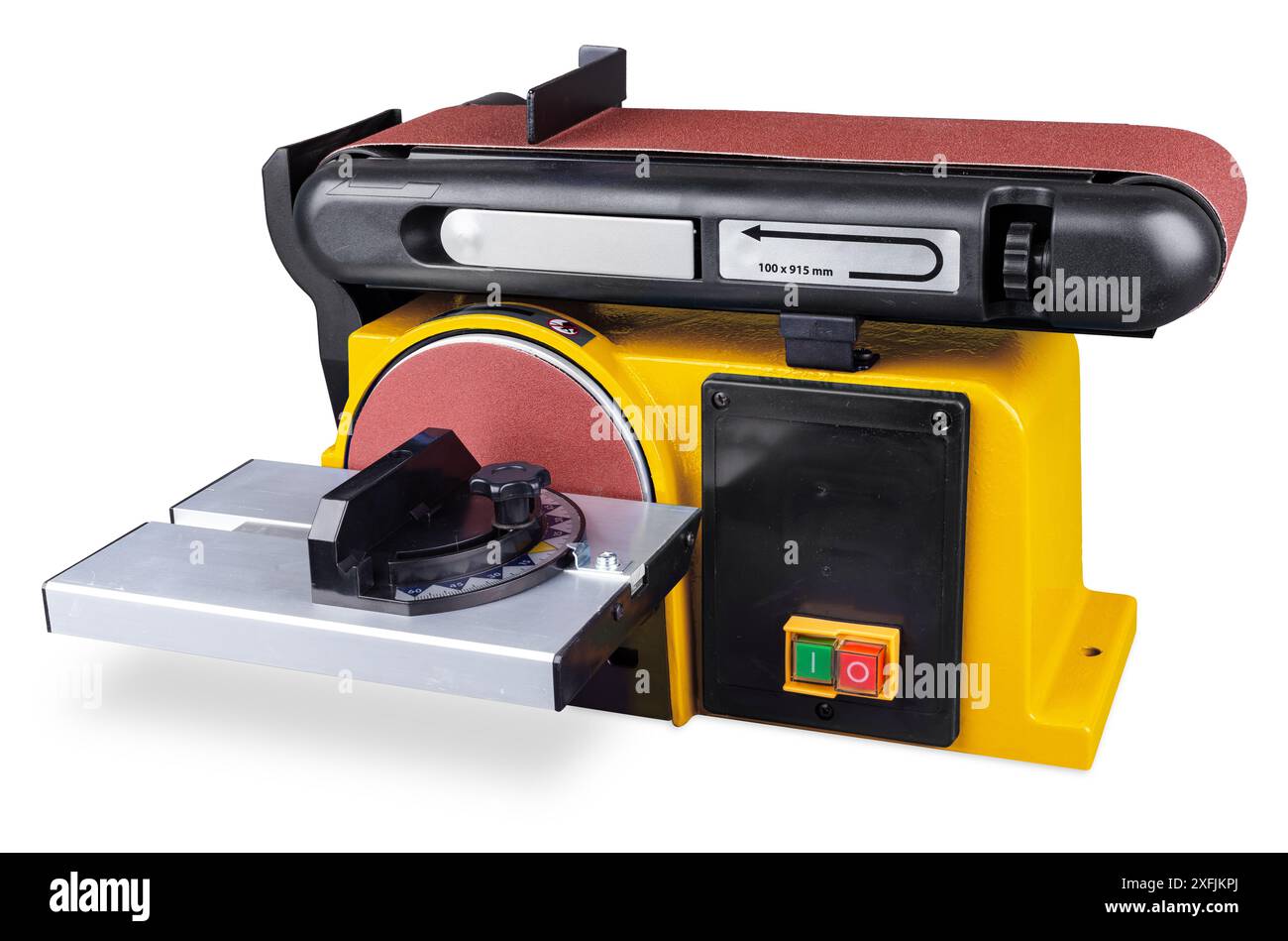 yellow stationary disc and belt electric power sander machine isolated ...