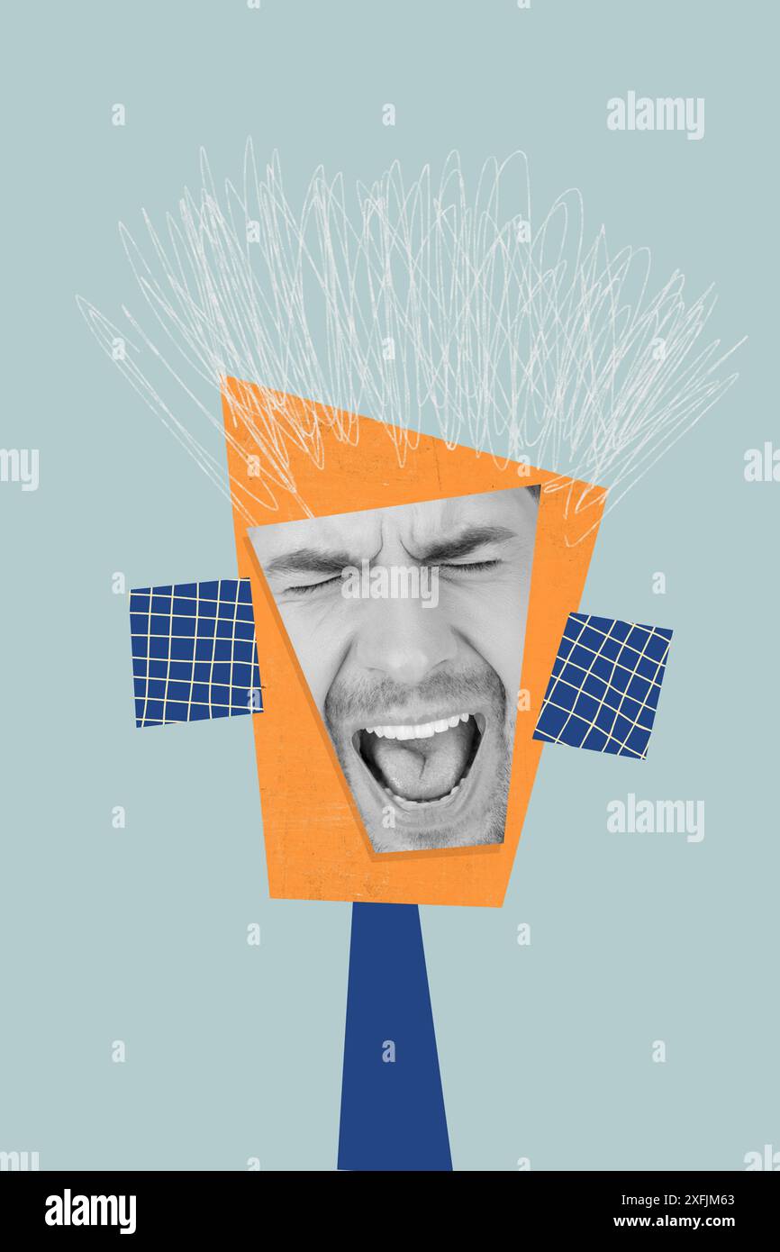 Creative poster collage of stressed man face panic attack need therapy ...