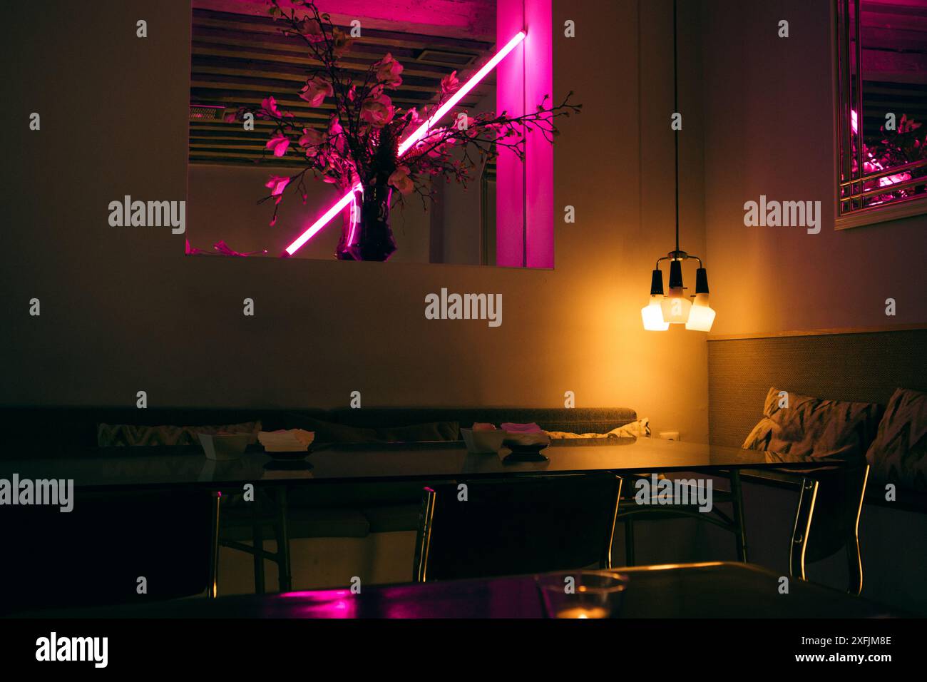 Madrid, Spain. 7 May 2024 Modern interior of restaurant with artificial ...