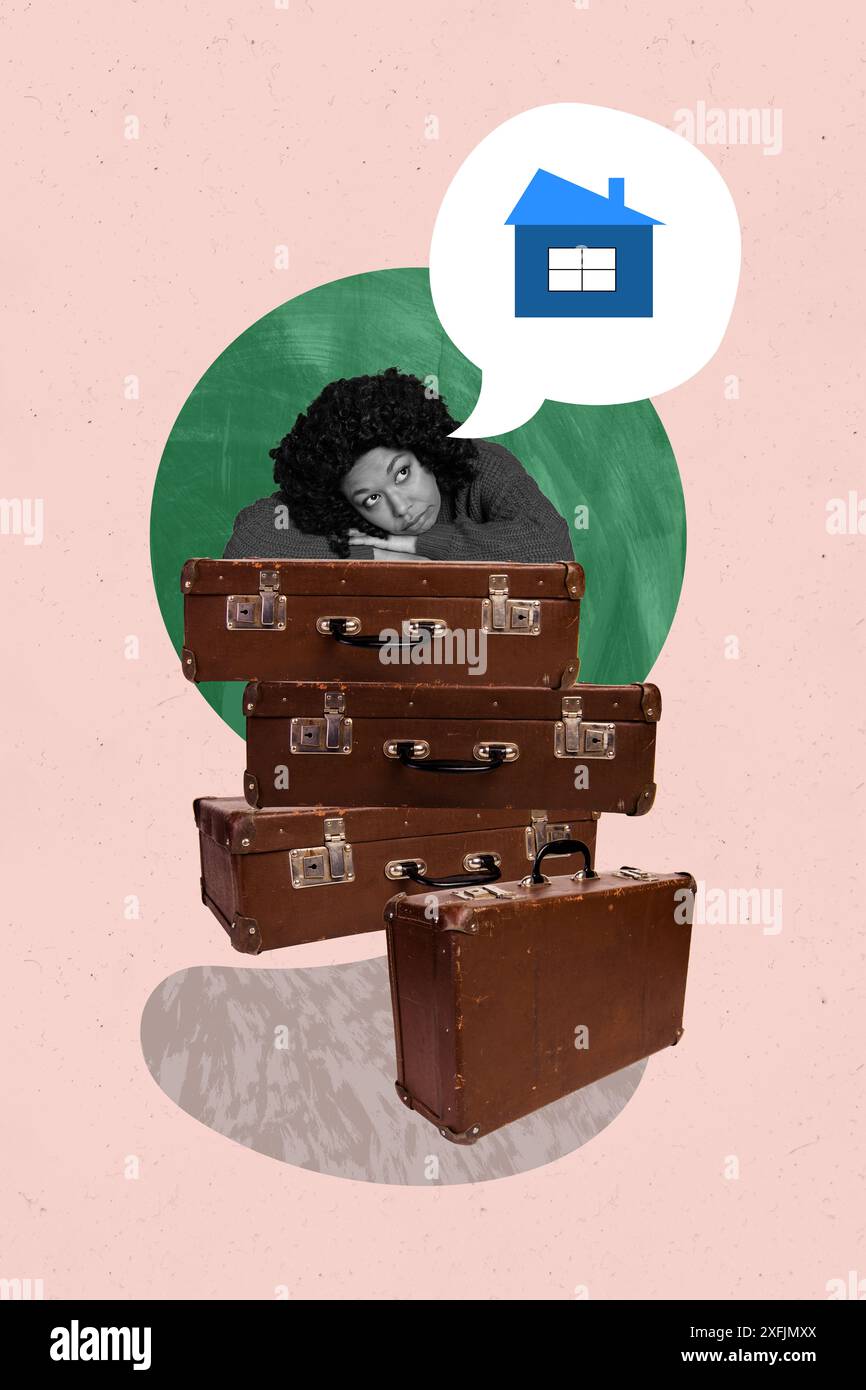 Vertical collage picture young woman dream house relocation refugee ...
