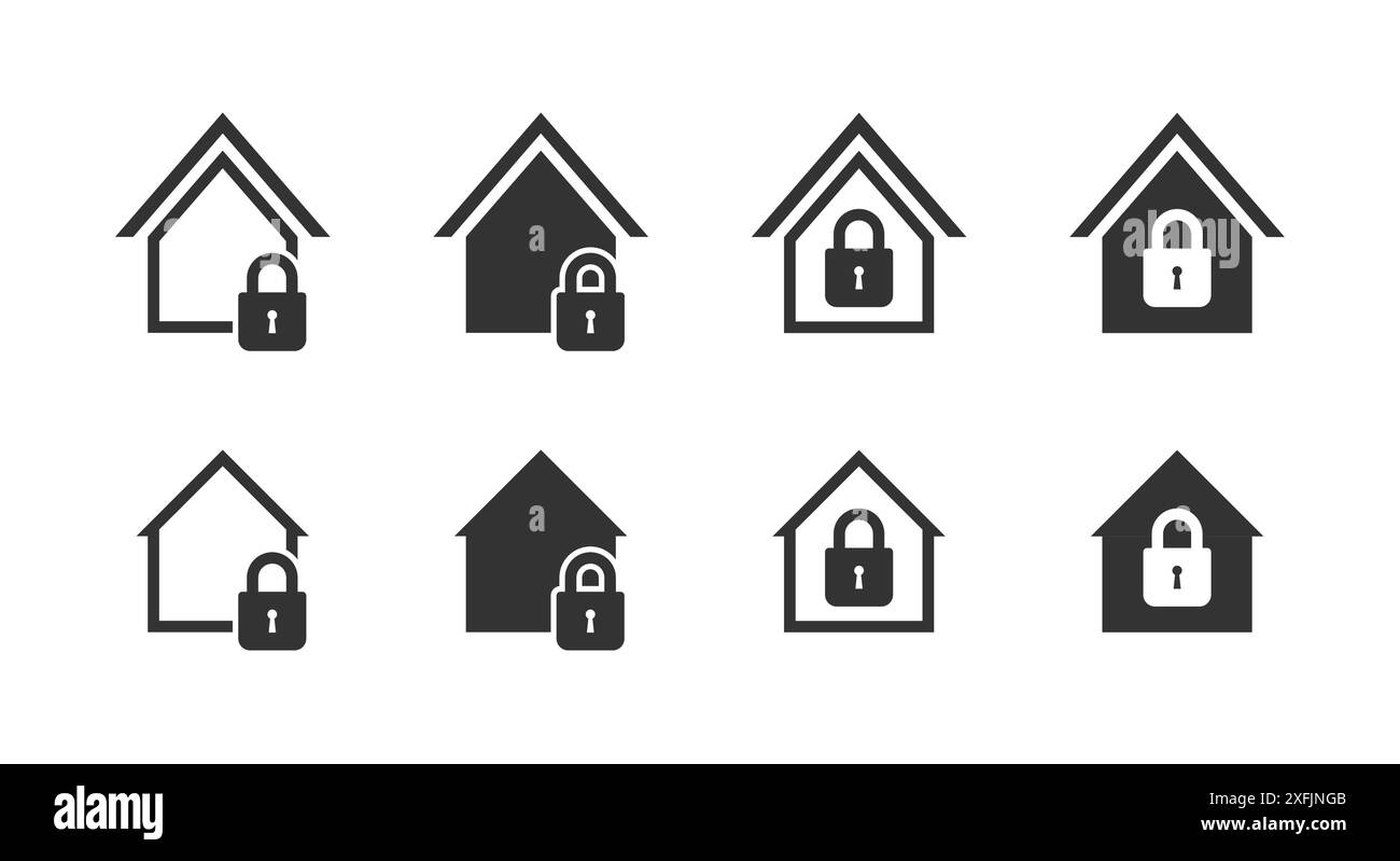Lock house under protection icon set. Lockdown symbol. Safe home sign ...