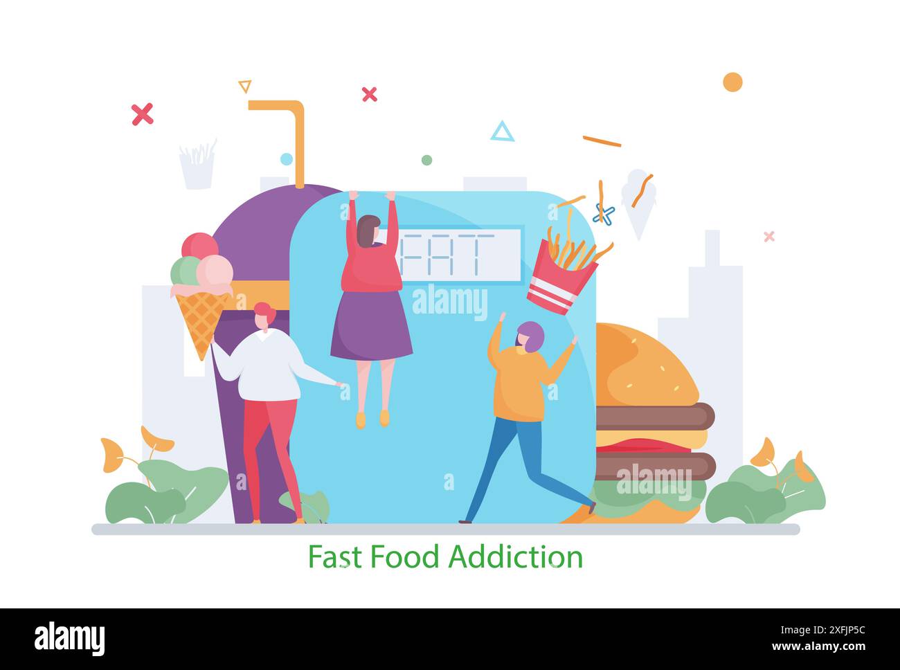 Concept of Fast Food Addiction, flat design vector illustration, for ...