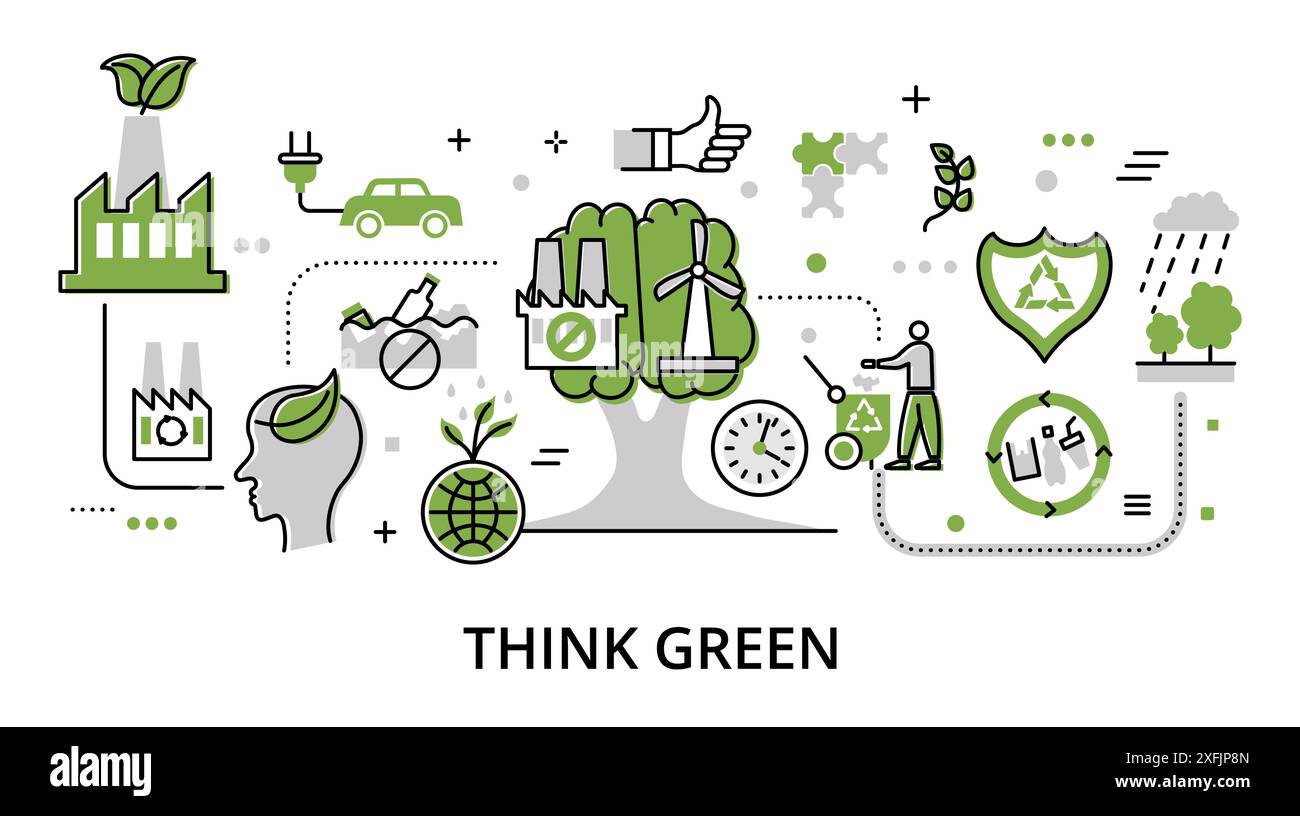 Concept of think green and save the world, modern flat thin line design ...