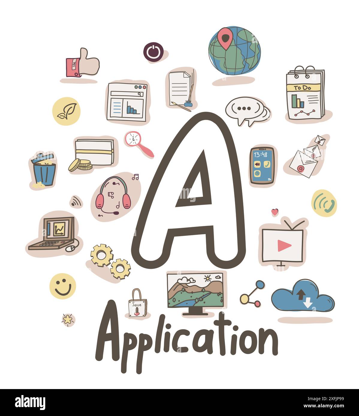 Alphabet letter A - Application, vector illustration in doodle style ...