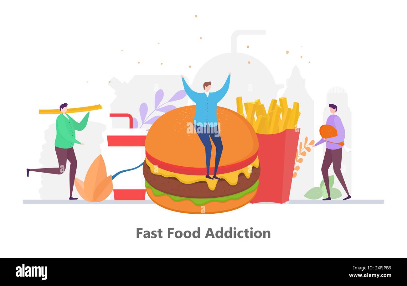 Concept of Fast Food Addiction, flat design vector illustration, for ...