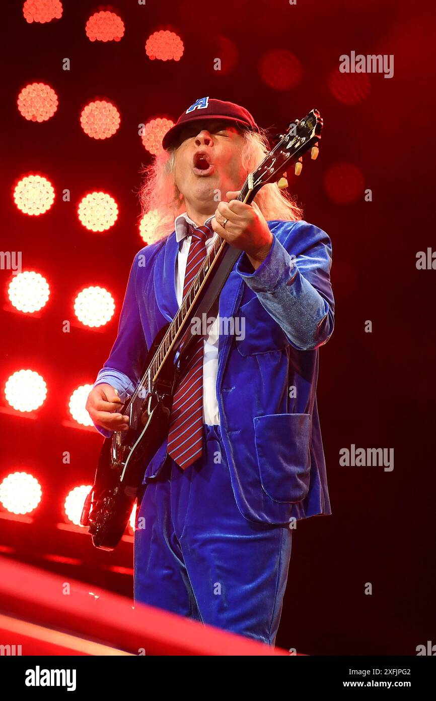UK. 03rd July, 2024. LONDON, ENGLAND - JULY 03: Angus Young of ‘AC/DC ...