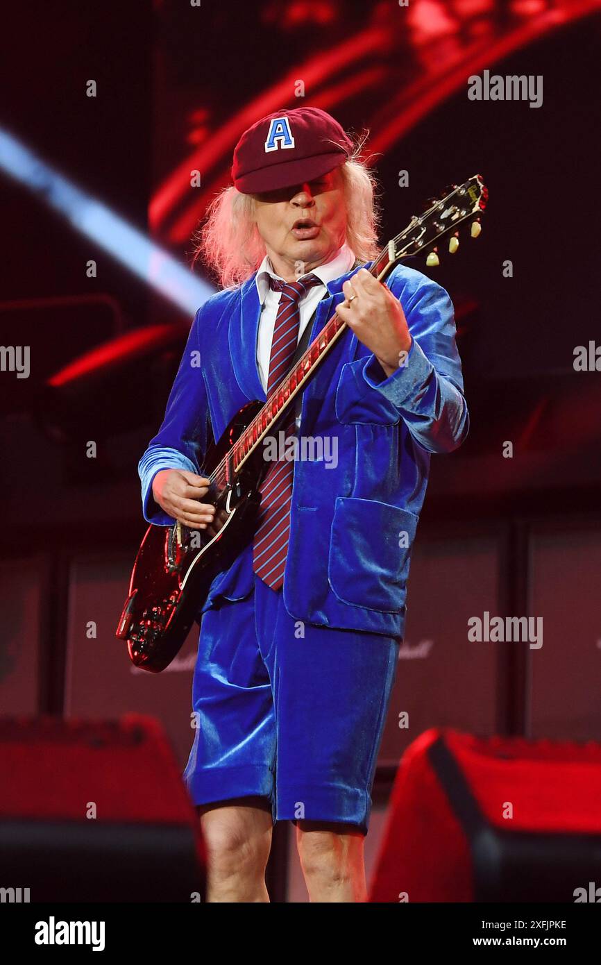 LONDON, ENGLAND - JULY 03: Angus Young of ‘AC/DC’ performing at Wembley ...