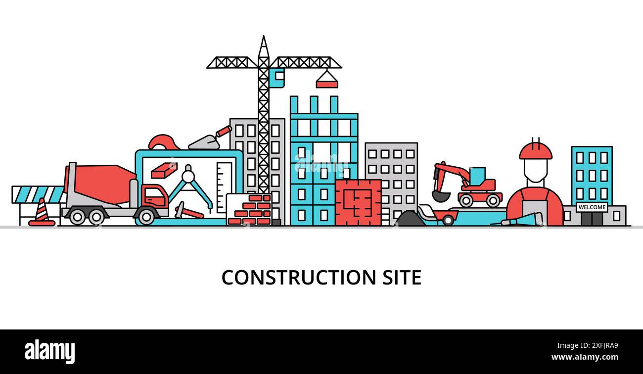 Construction Site concept, flat line design vector illustration, for ... Construction Site concept, flat line design vector illustration, for ...