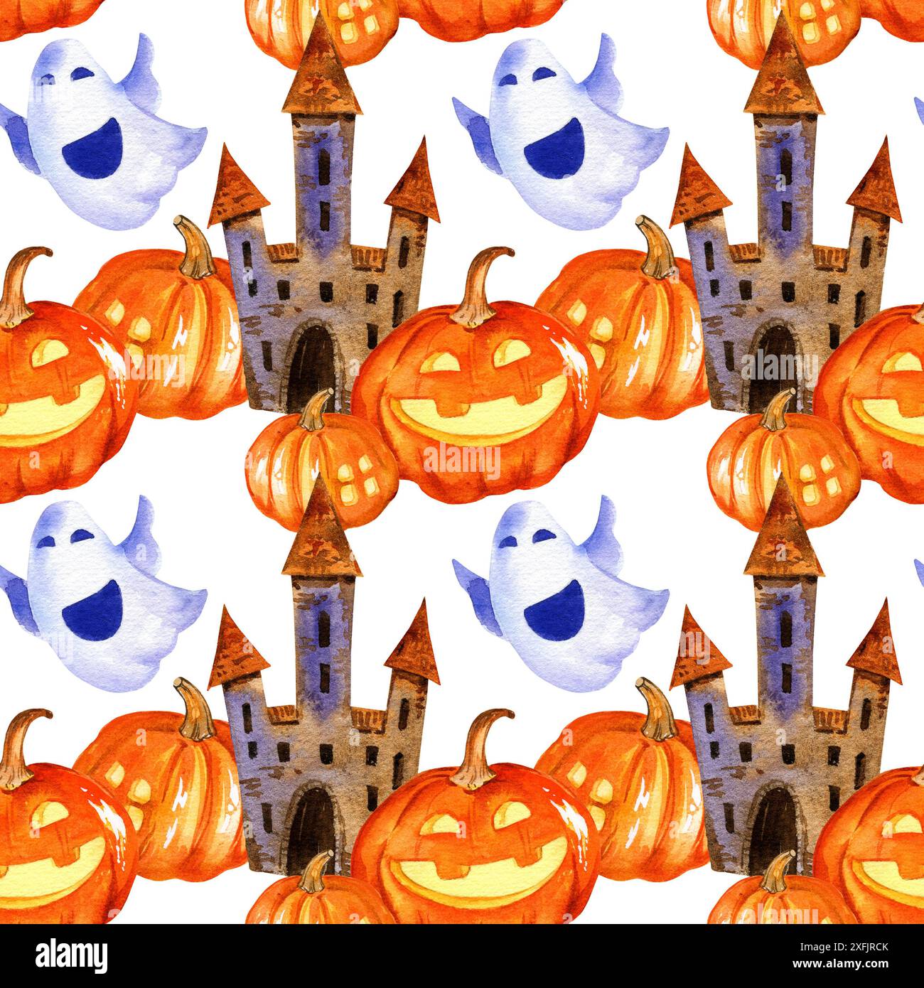 watercolor seamless pattern of Halloween theme with tower, cute cartoon ...