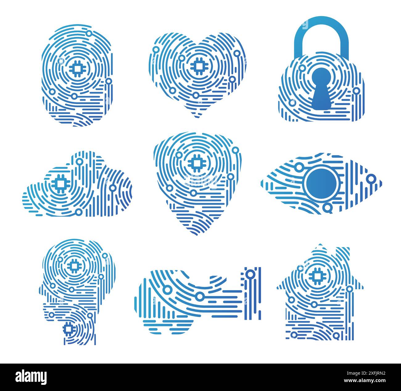 Set Of Network And Cyber Security Icons In Fingerprint Style Flat Design Vector Illustration