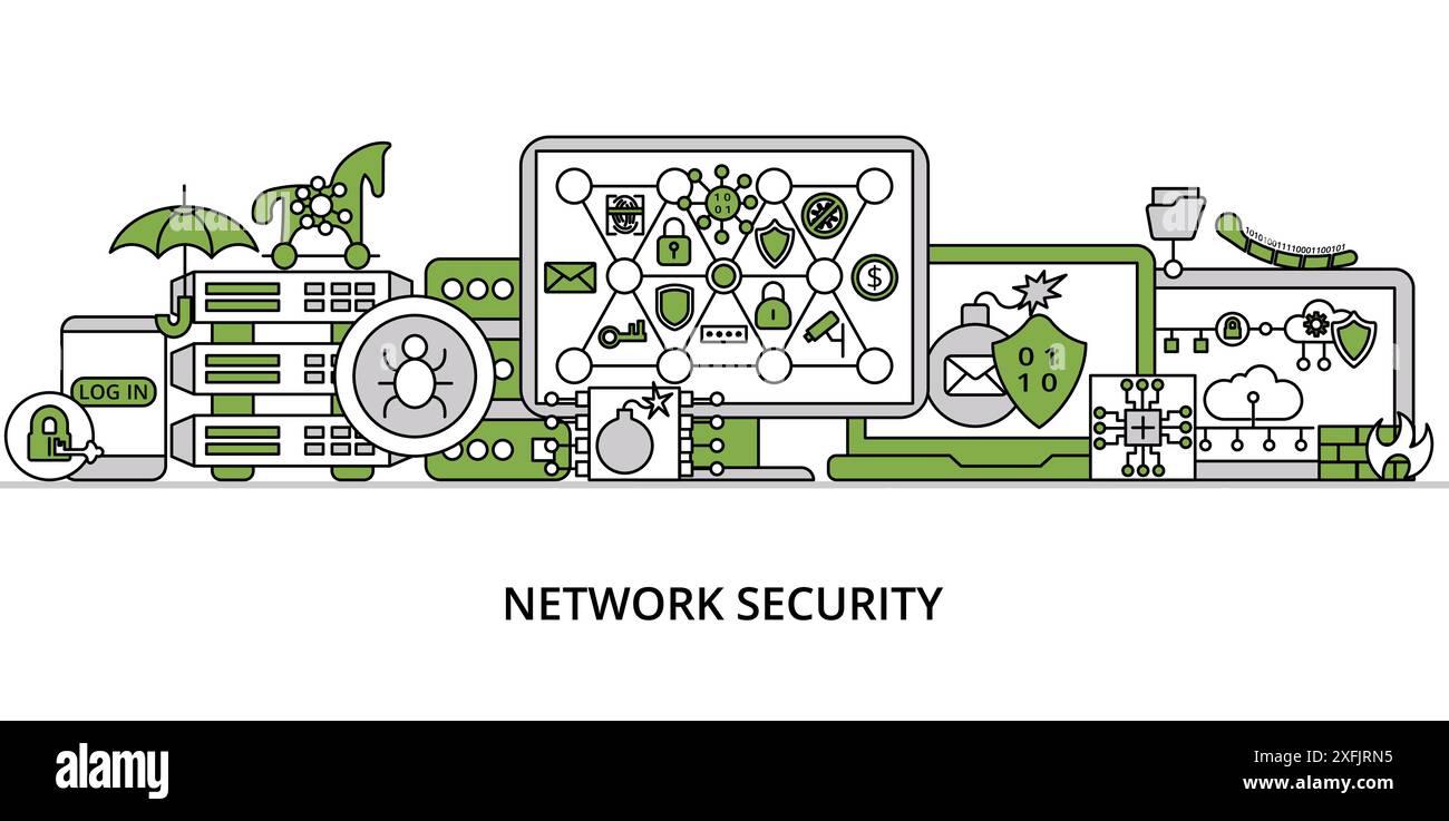 Infographic greenery Network Security concept, modern flat thin line ...