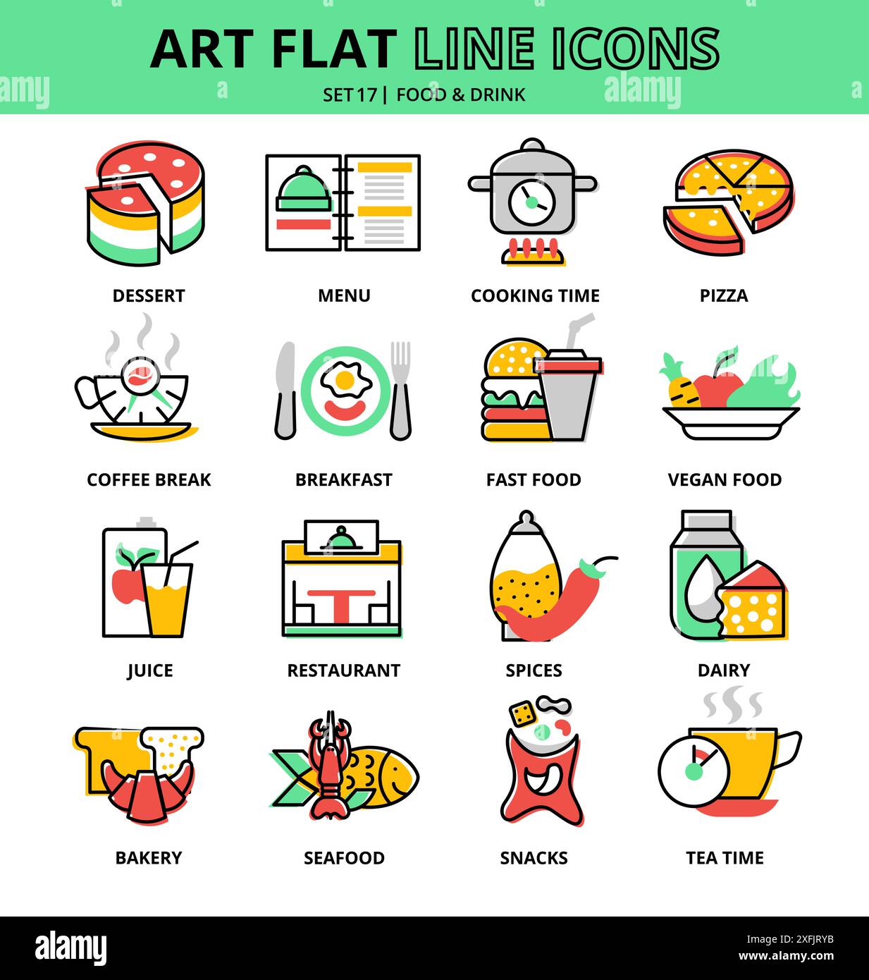 Set of Food and Drinks icons, flat line design vector illustration, for graphic and web design ...