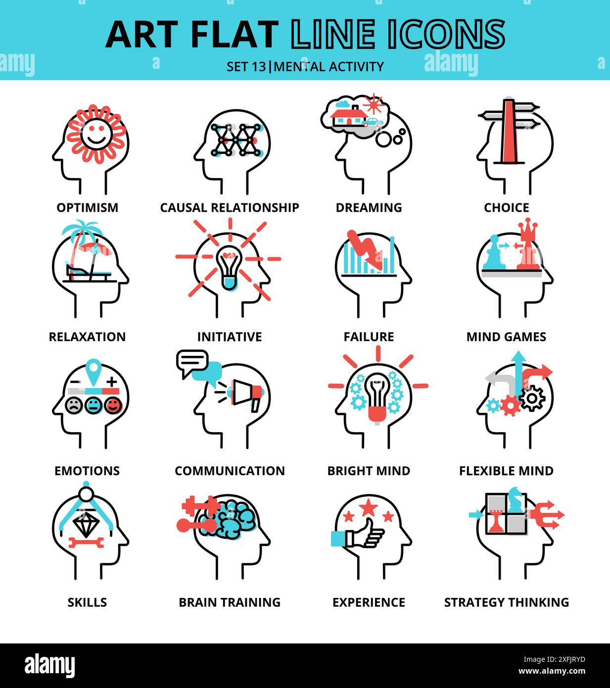 Set of Mental Activity icons, flat editable line vector illustration ...