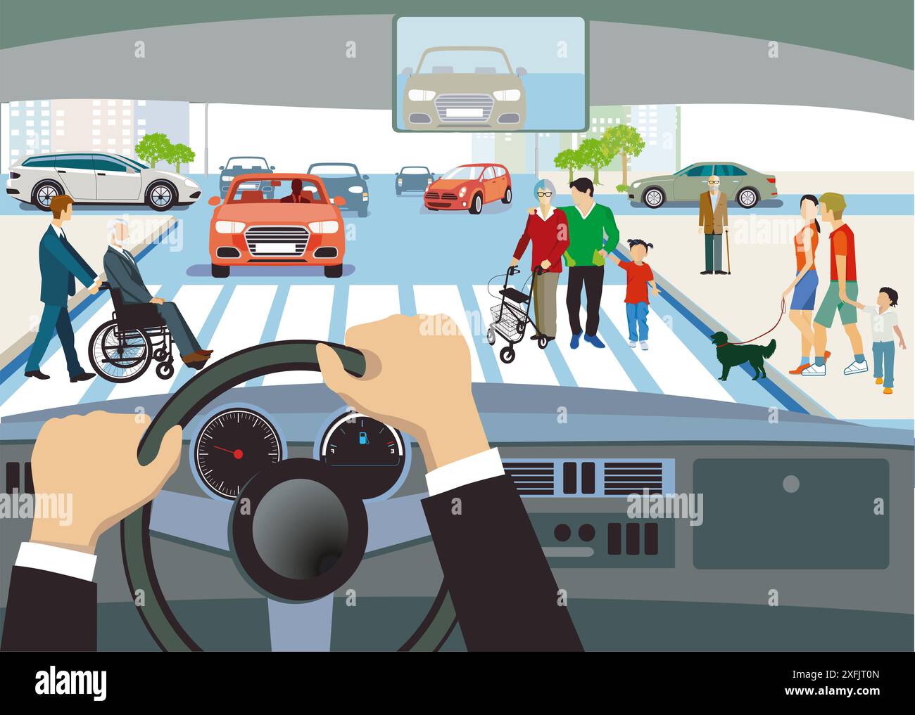 Car in front of a zebra crossing, beware of pedestrians, illustration ...