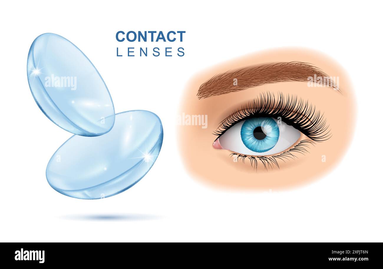 Contact Eyes Lenses with Human Eye on white background, realistic vector illustration close-up ...