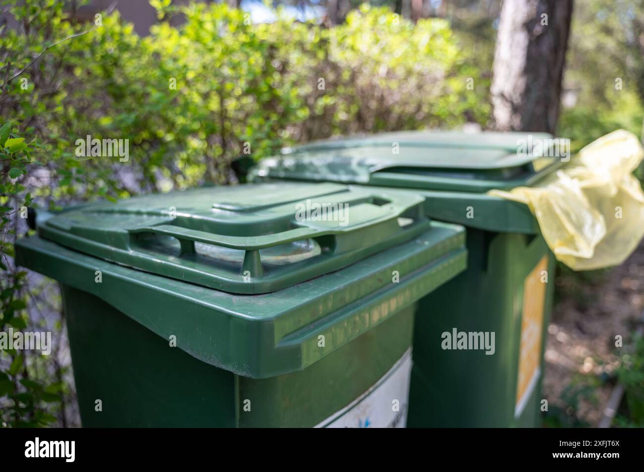 Two garbage bins stand by fence of house, separated for recycling ...
