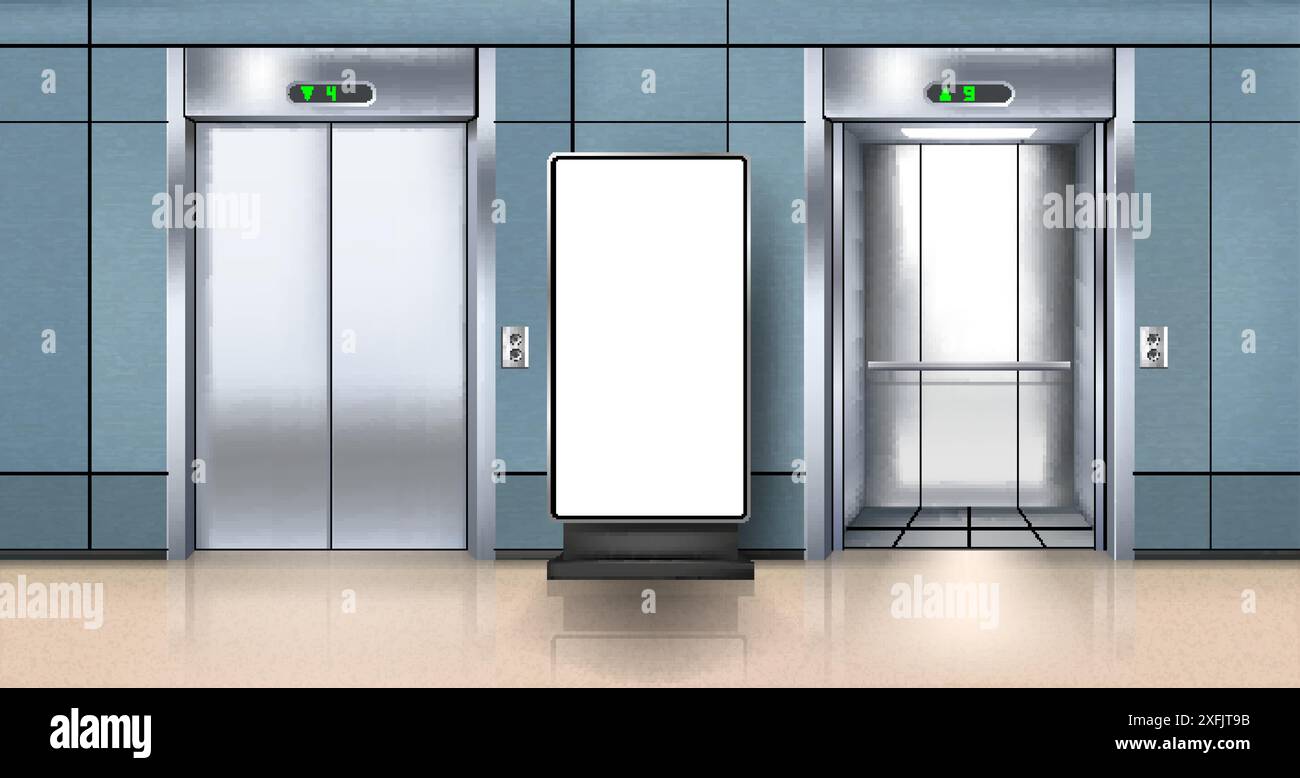 Office Hall with Digital Floor Stand and Elevator Doors, realistic ...