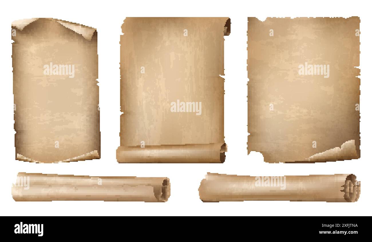 Set of Ancient Paper or Parchment Scrolls, realistic vector illustration on white background ...