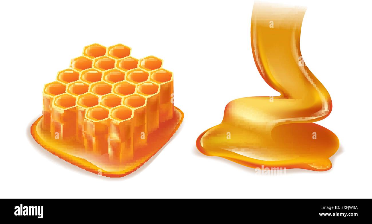 Sweet honey comb and flowing honey on white background, realistic ...