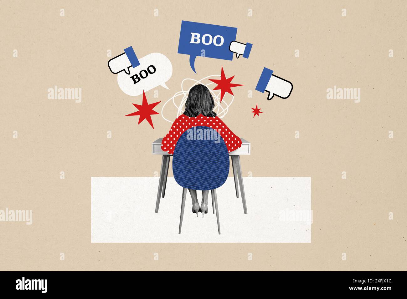 Composite photo collage of anonym girl sit back chair table boo ...