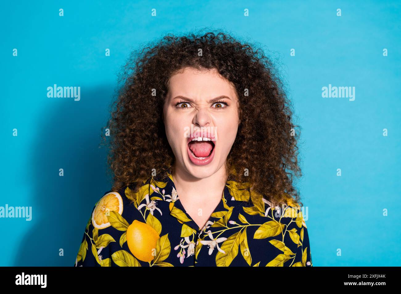 Photo of furious angry lady dressed print shirt screaming you empty ...