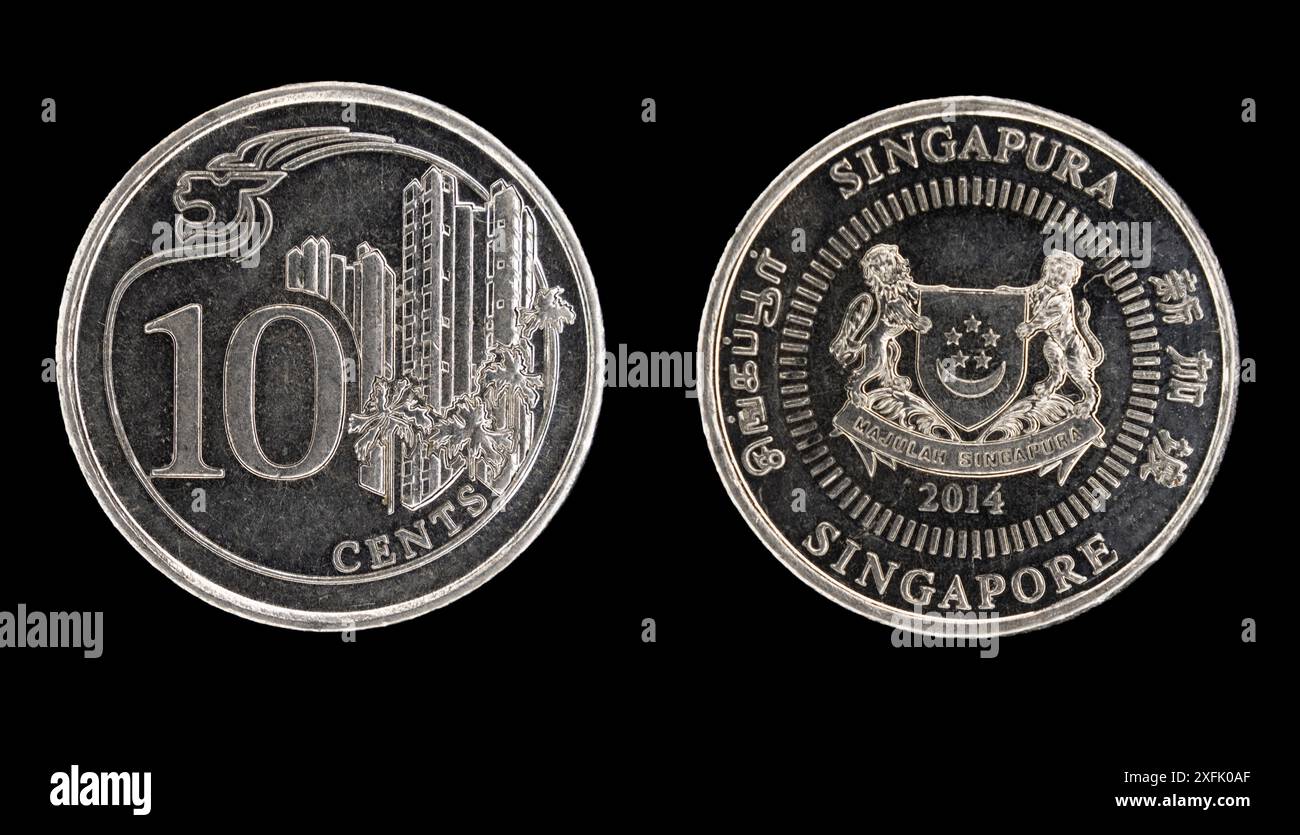 A close-up of a 10 cents Singapore coin from 2014 showing both sides of ...