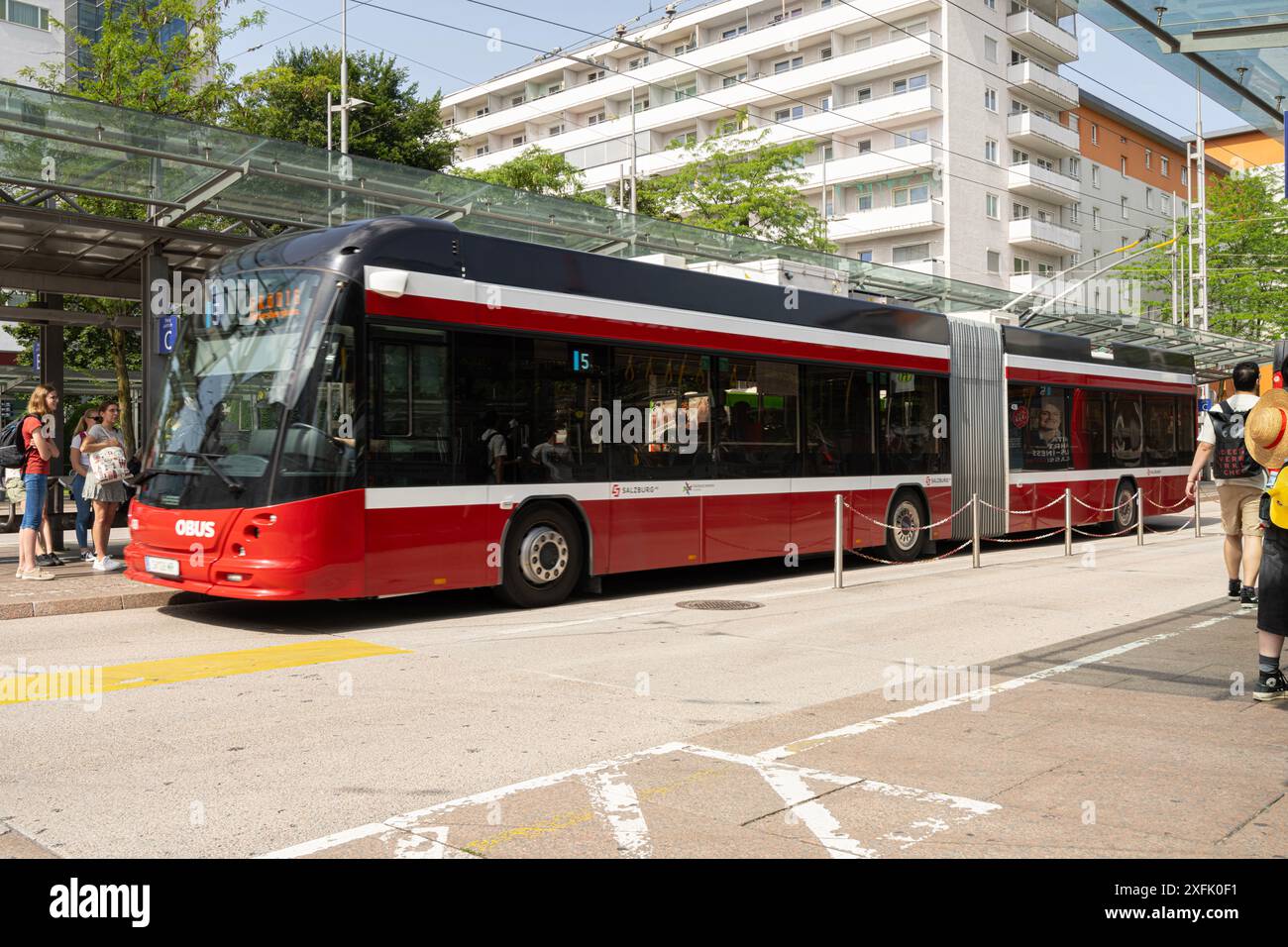 Salzburg, Austria. June 30, 2024. a bus at the stop in the city center ...