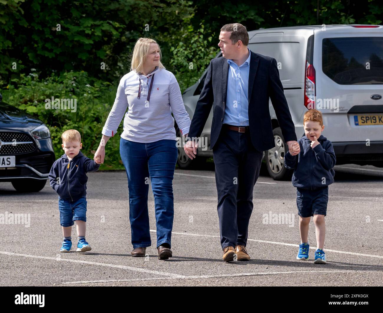 Scottish Conservative leader Douglas Ross arrives with his family to ...