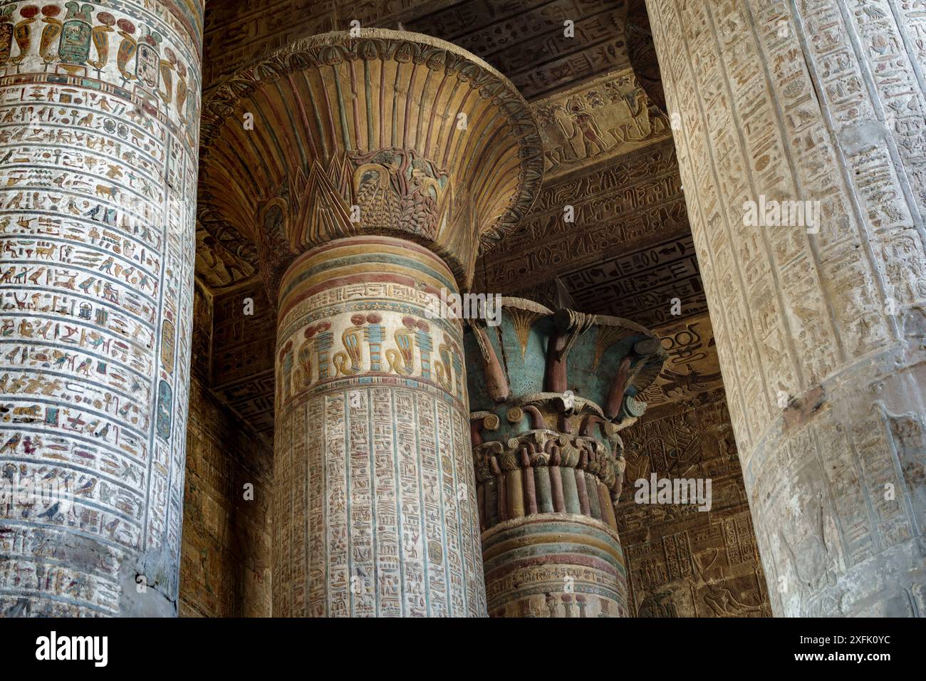 Newly cleaned column capitals in the Temple Of Khnum at Esna, Egypt ...