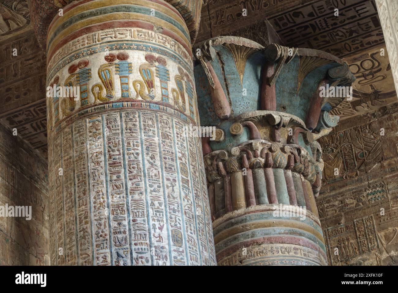 Newly cleaned column capitals in the Temple Of Khnum at Esna, Egypt ...