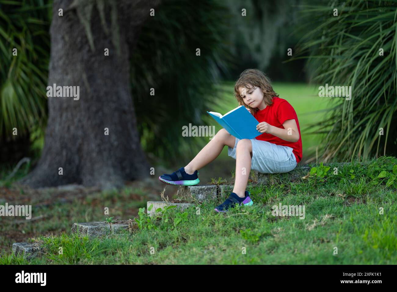 Child read a book. Elementary outdoor school. Early education for ...